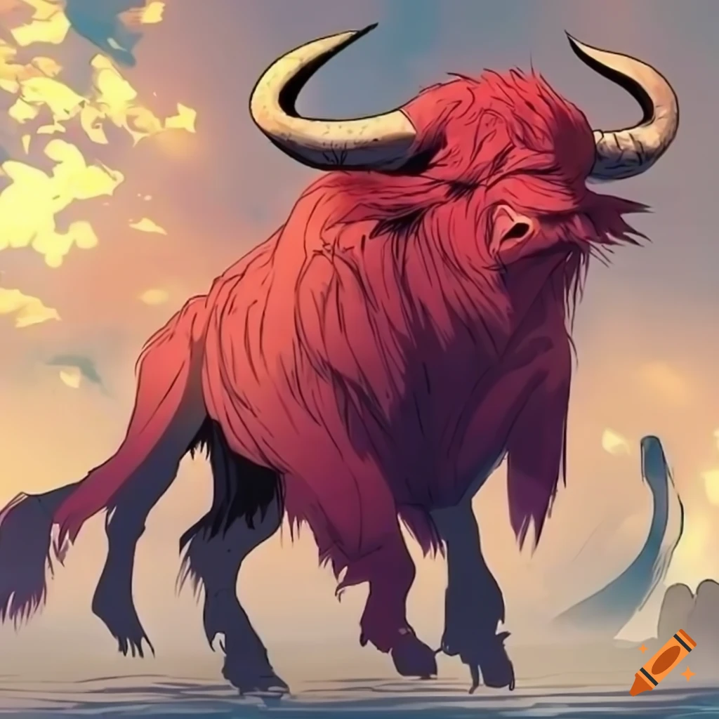 A big red buffalo whose head is huge (with long horns), with a red ...