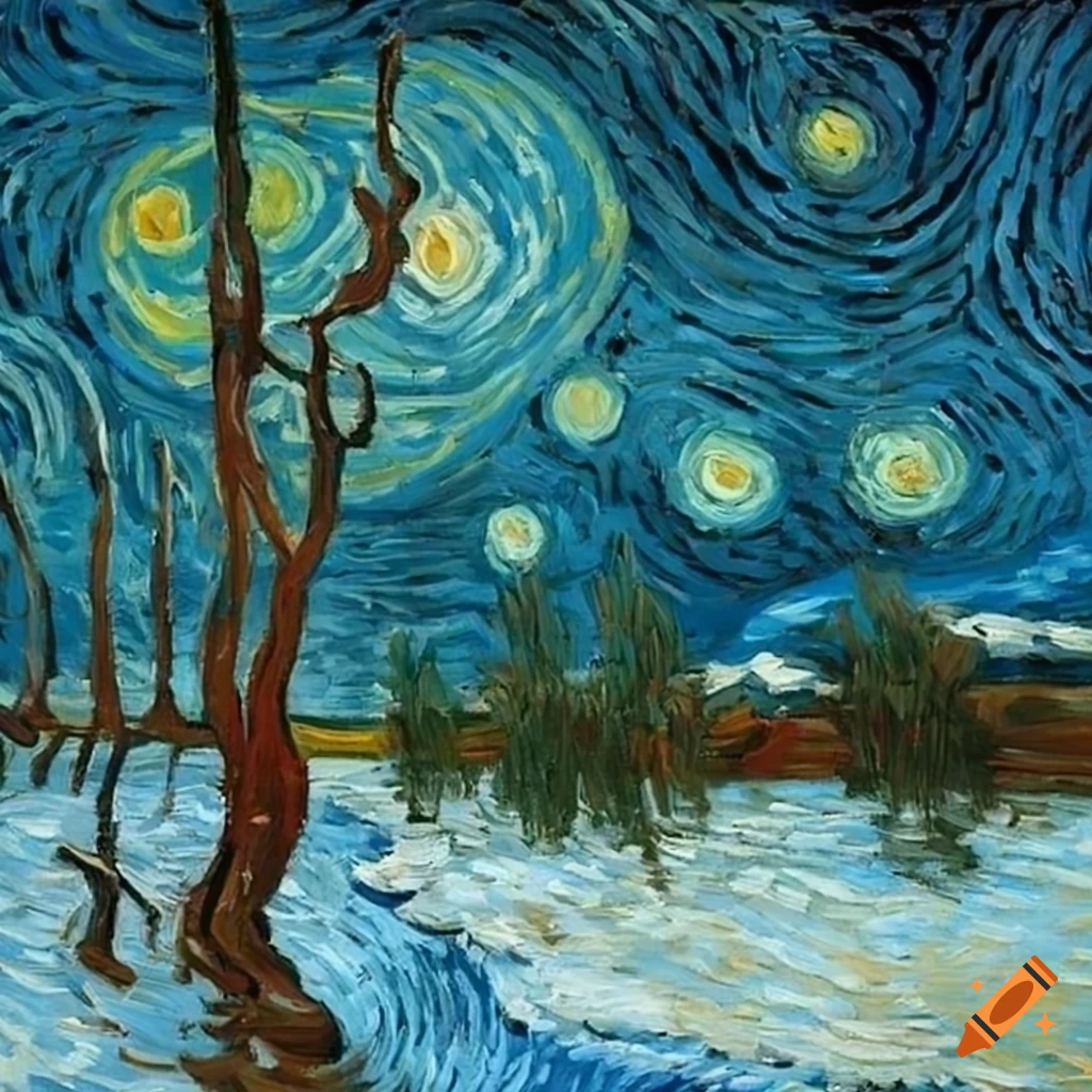 Art piece of melting snow with trees by van gogh