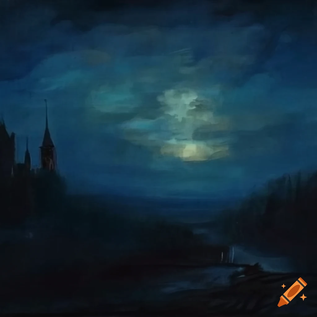 Vintage sketch of a beautiful german night scenery with a sky in 1840 ...