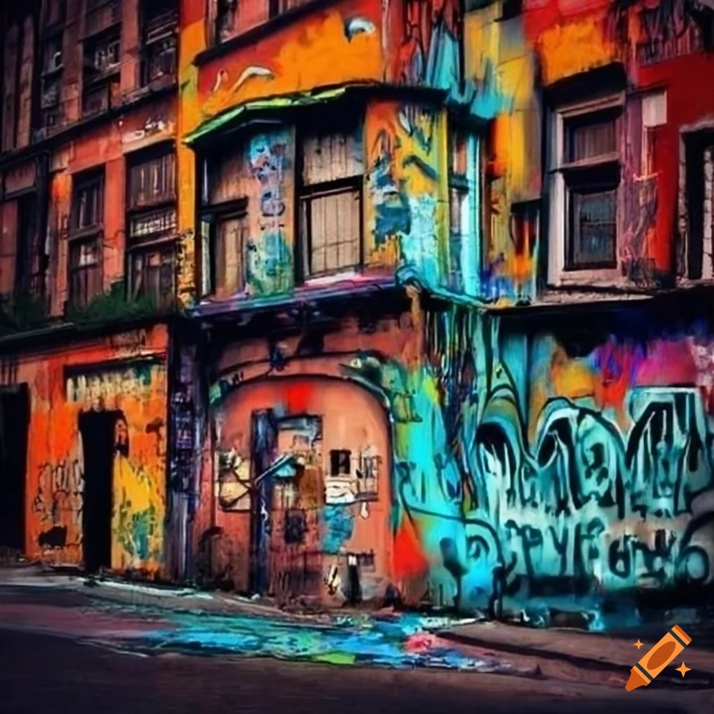 Depict a cityscape, graffiti-covered walls, or industrial elements to ...