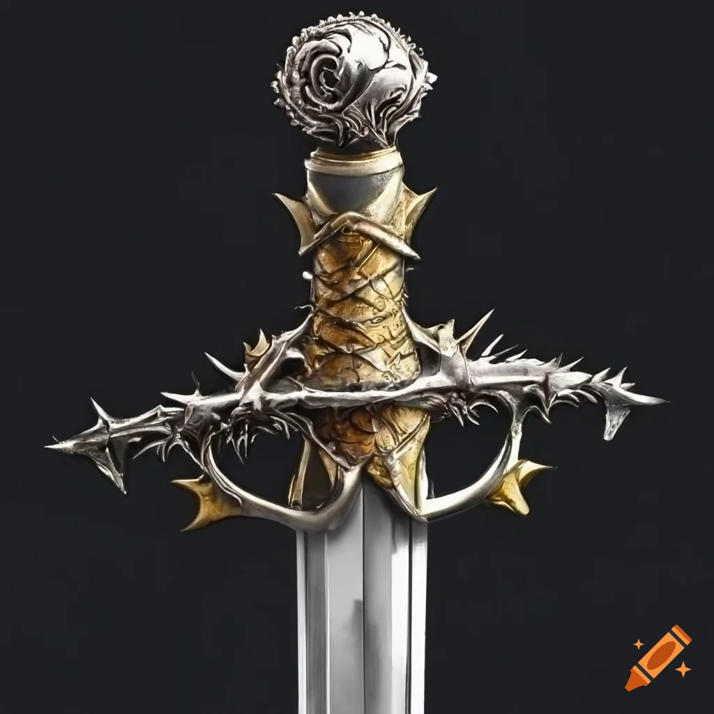 A beautiful silver sword with yellow roses on its guard and pommel and ...