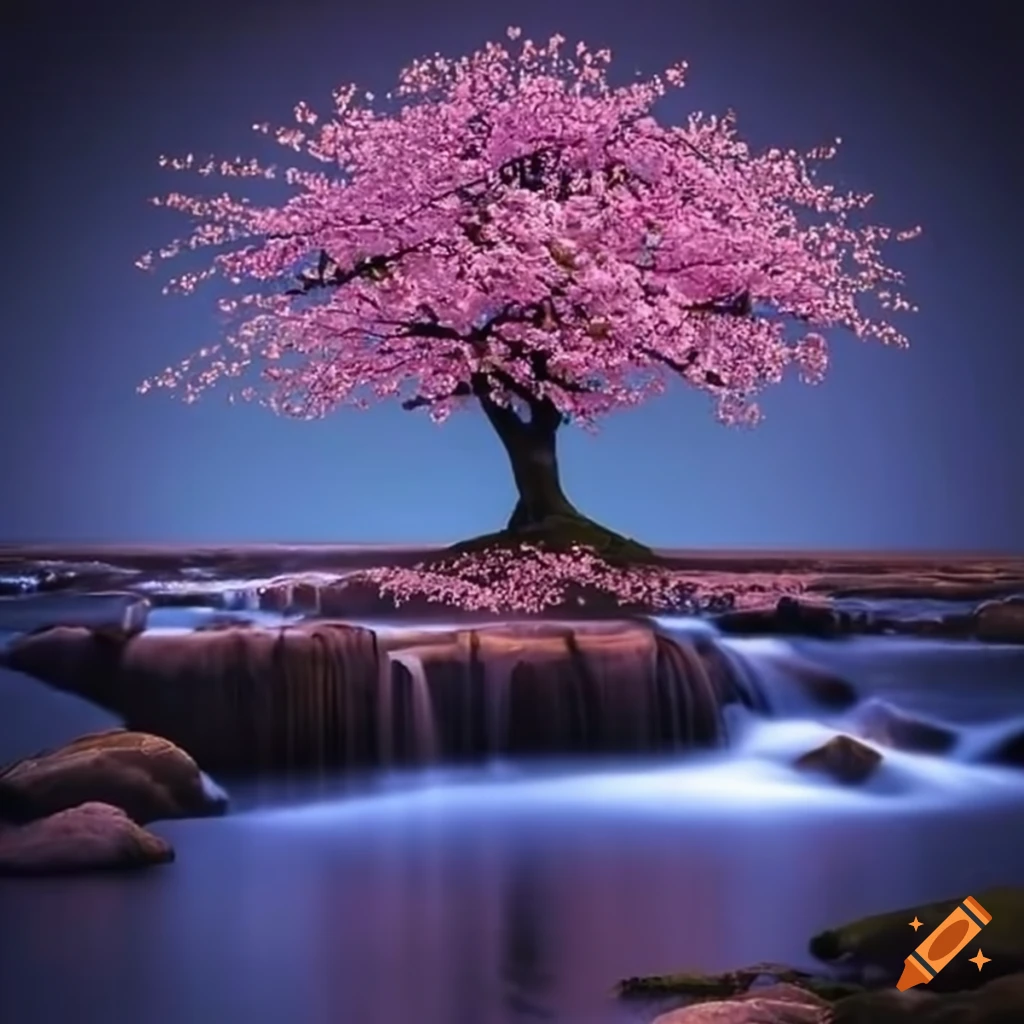 Cherry blossom trees next to a stream of water at night