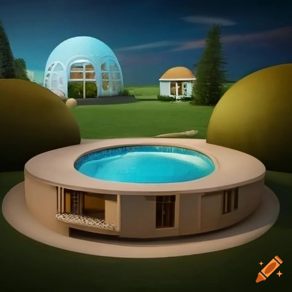 Monolithic dome home, realistic, multi-level terraces, water features ...