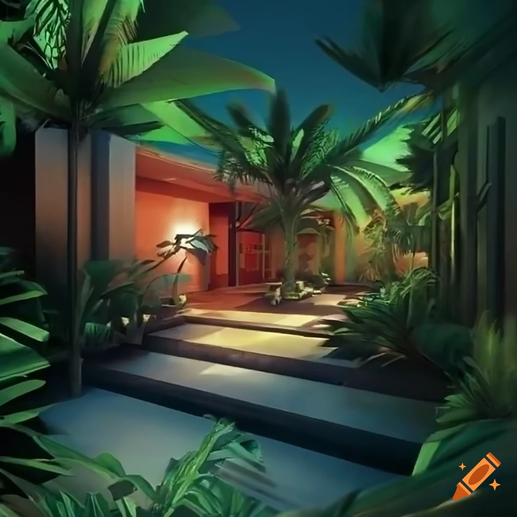 Eichler style house, artistic render, atomic ranch design, outdoor terraces, ambient lighting ...