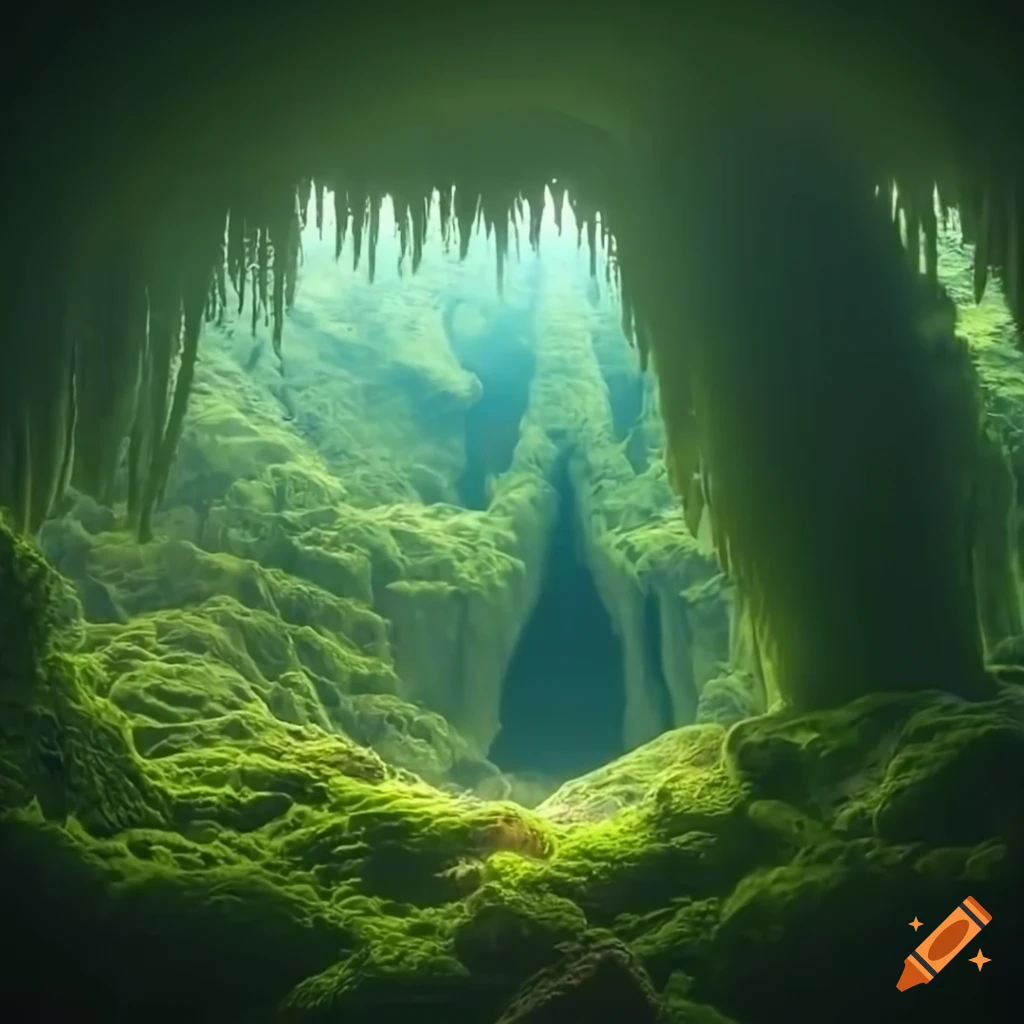 A cavern deep underground with a forrest growing in it, light slips ...
