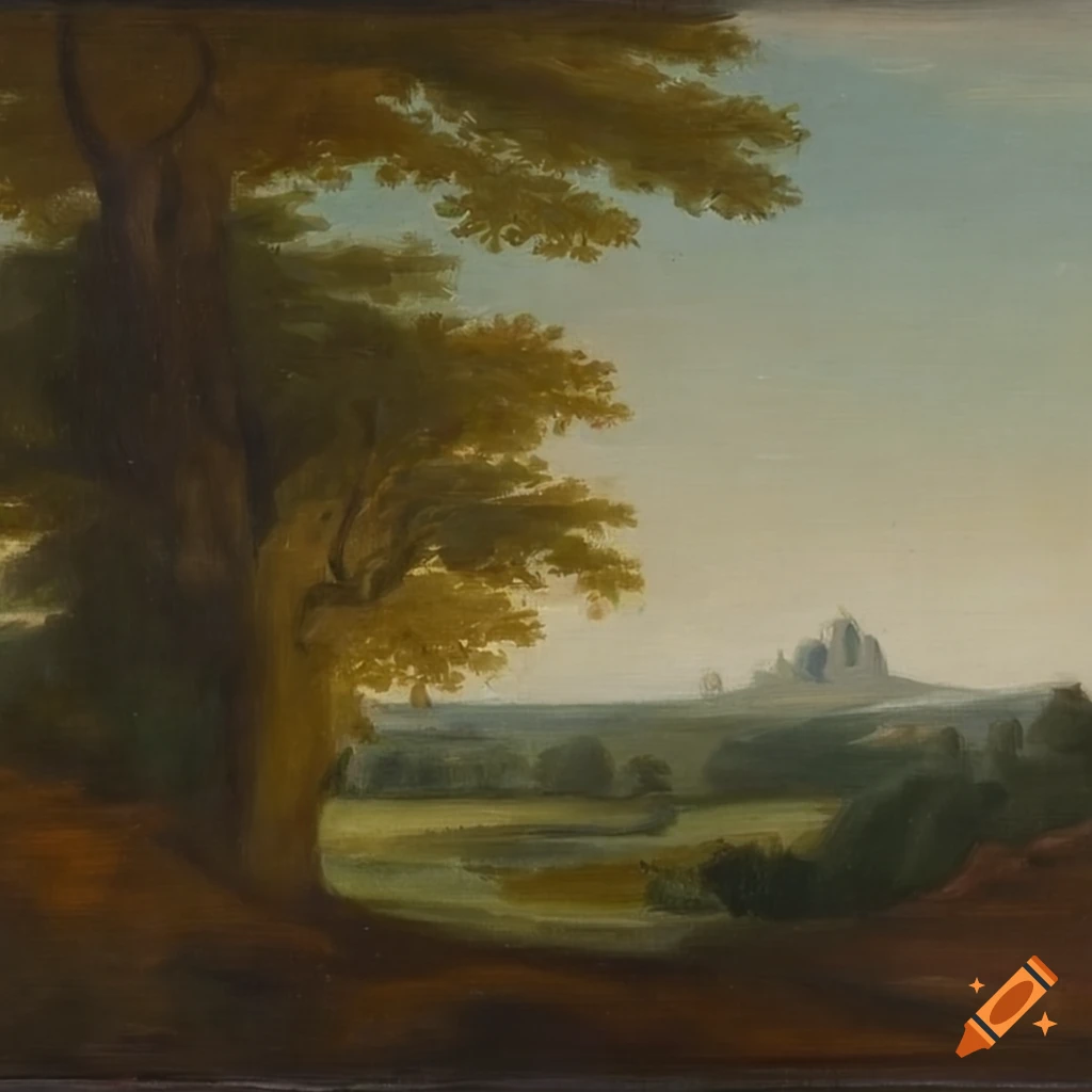 Renaissance painting of a landscape with road, trees and distant castle ...