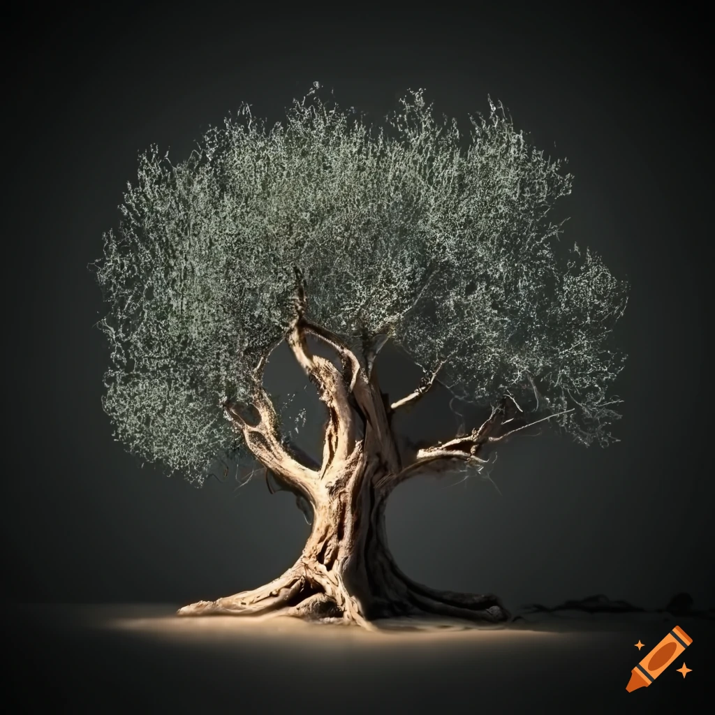 An old olive tree on a black background on Craiyon
