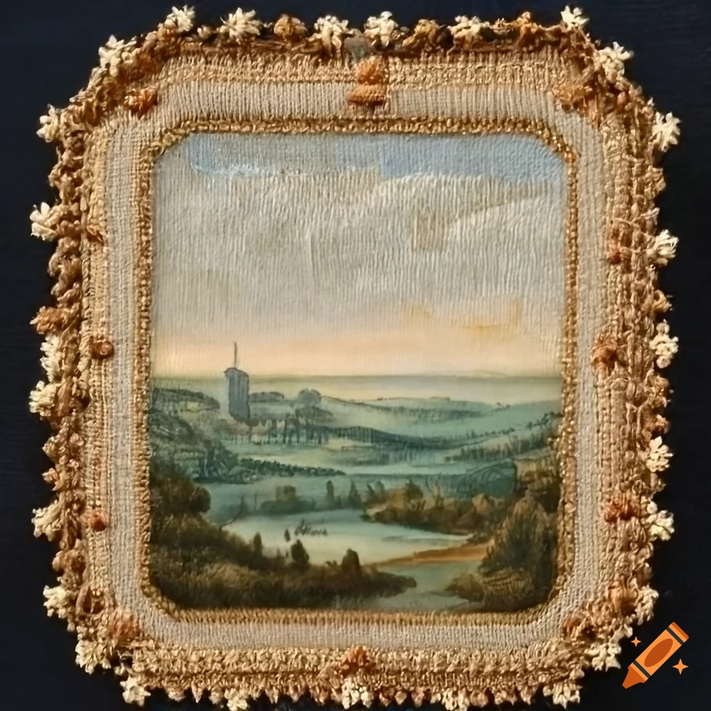 Embroidery renaissance painting of a landscape with road, trees and ...
