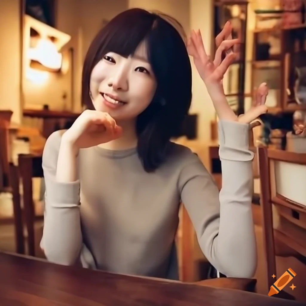 Young japanese woman, 2 meters tall, in a charming cafe