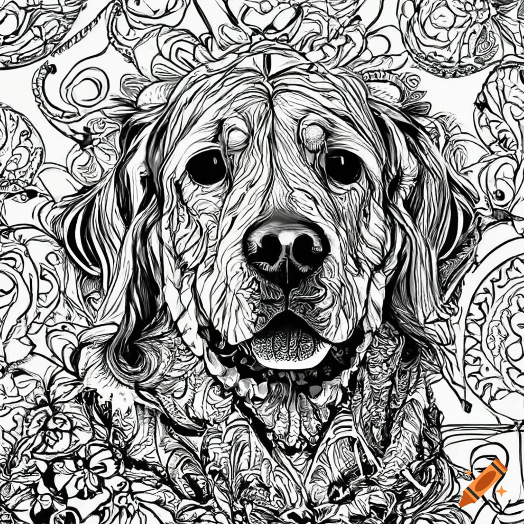 Colouring Page for Adults, Mandala, Dog Image (Golden Retriever), White ...