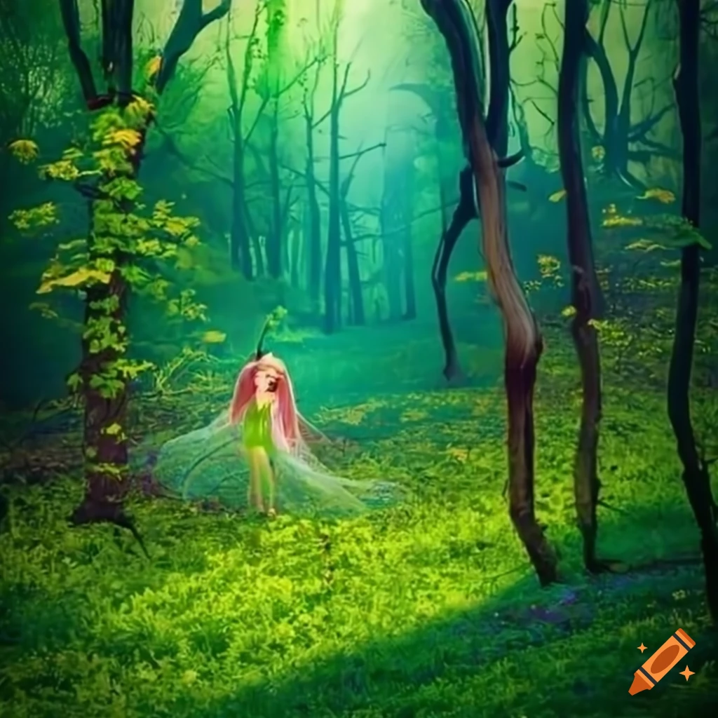 Green forest in springtime with blooming flowers and magic fairies