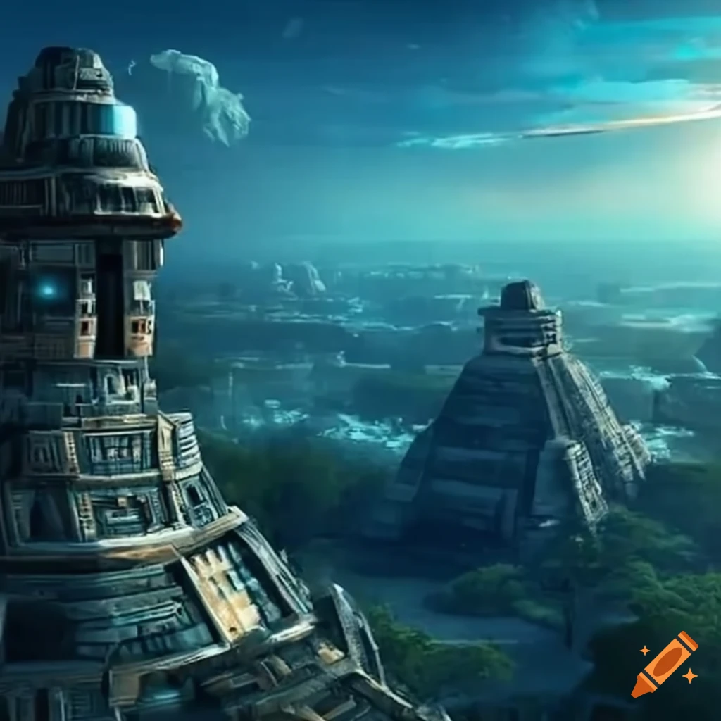 Futuristic mayan city with advanced tech in a sci-fi universe