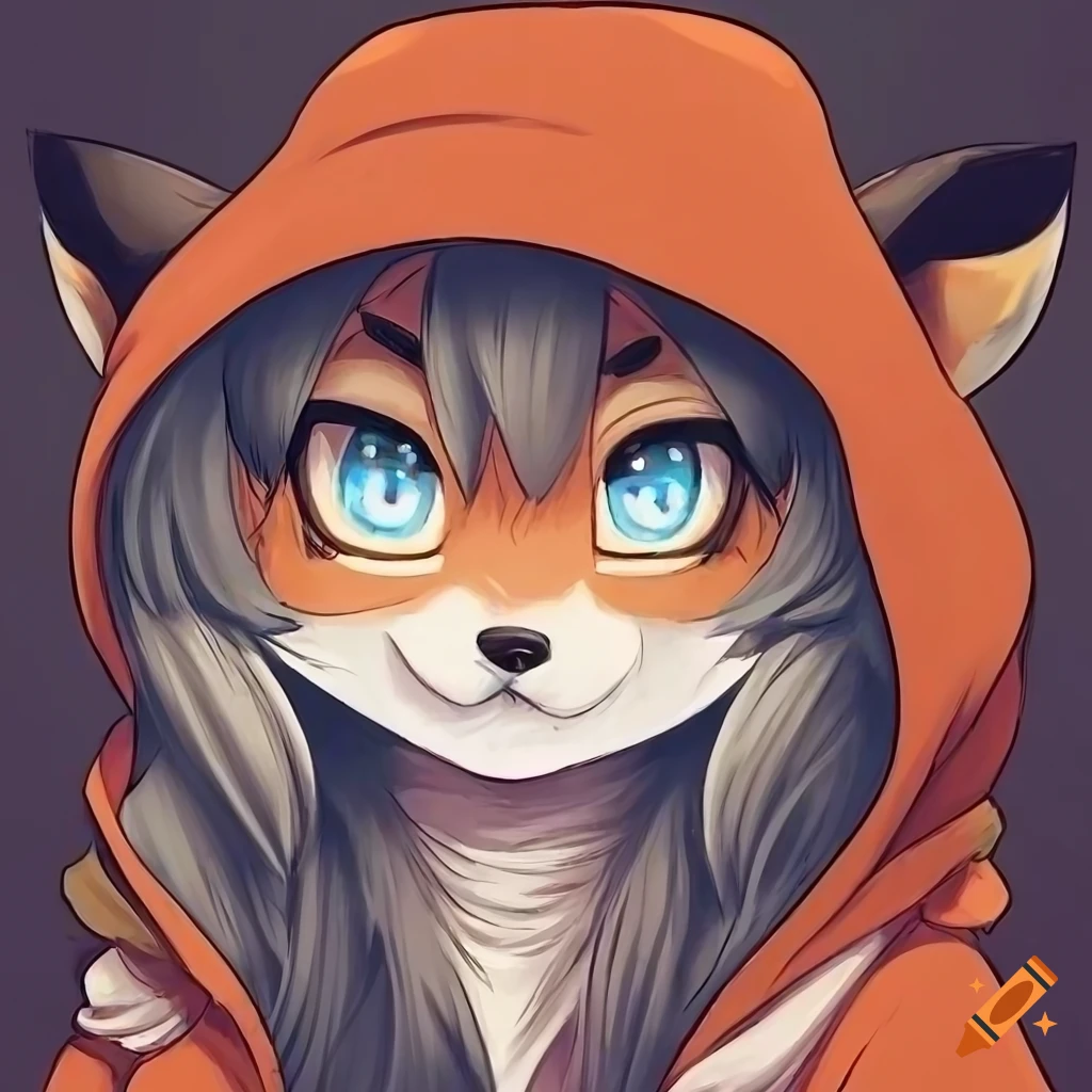 Portrait of an anthropomorphic lovely female fox, wearing hood, long ...