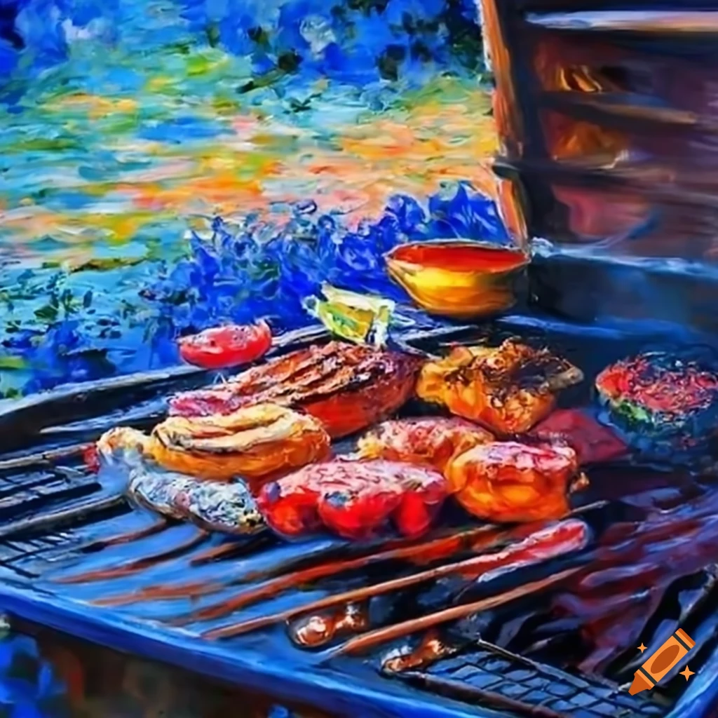 Monet painting of a fourth of july backyard bbq grill party