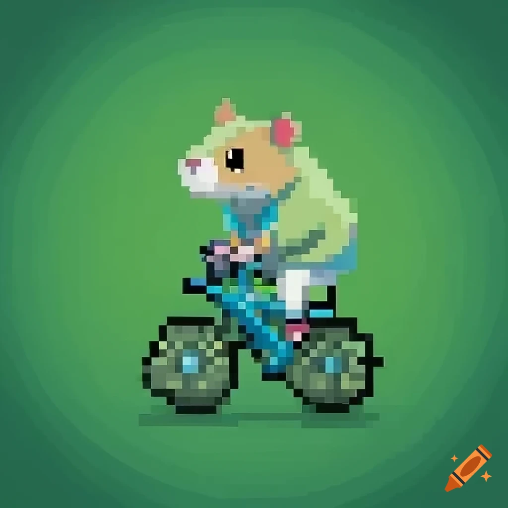 A hamster riding a bicycle, wearing a green jacket, pixel art