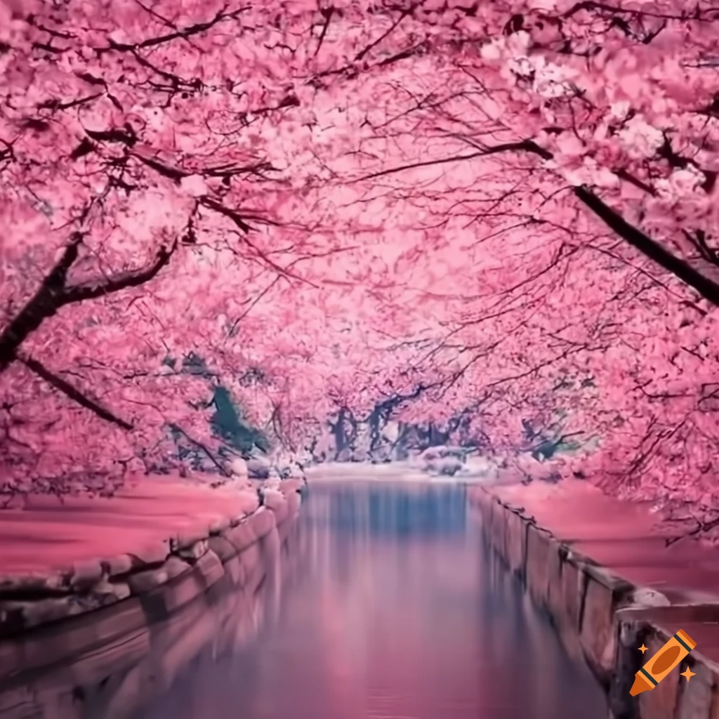 Japon con cerezos en flor en calidad 4k UHD fondo con un templo on Craiyon