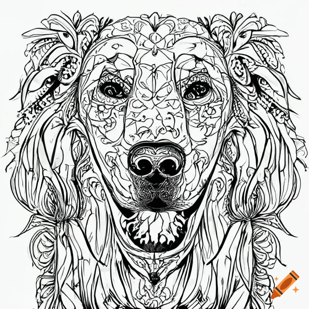 Colouring Page for Adults, Mandala, Dog Image (Golden Retriever), White ...