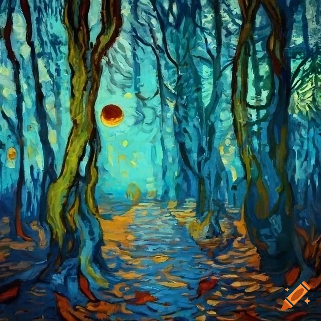 Moonbeams through leaves in a haunted forest in the style of van gogh ...