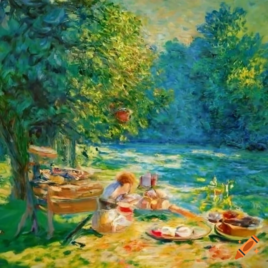 Monet painting of a summer picnic spread in a beautiful location on Craiyon