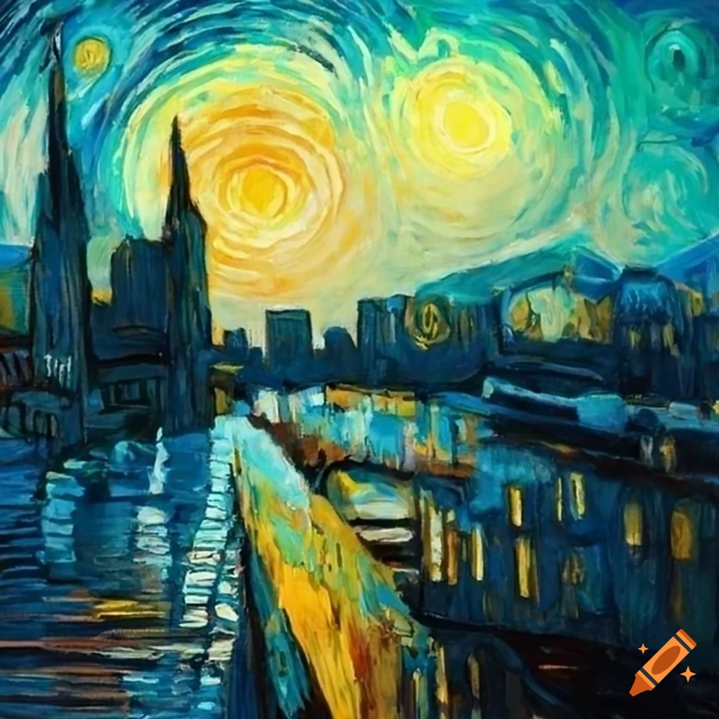 Rising sun over city in the style of van gogh painted with water colors ...