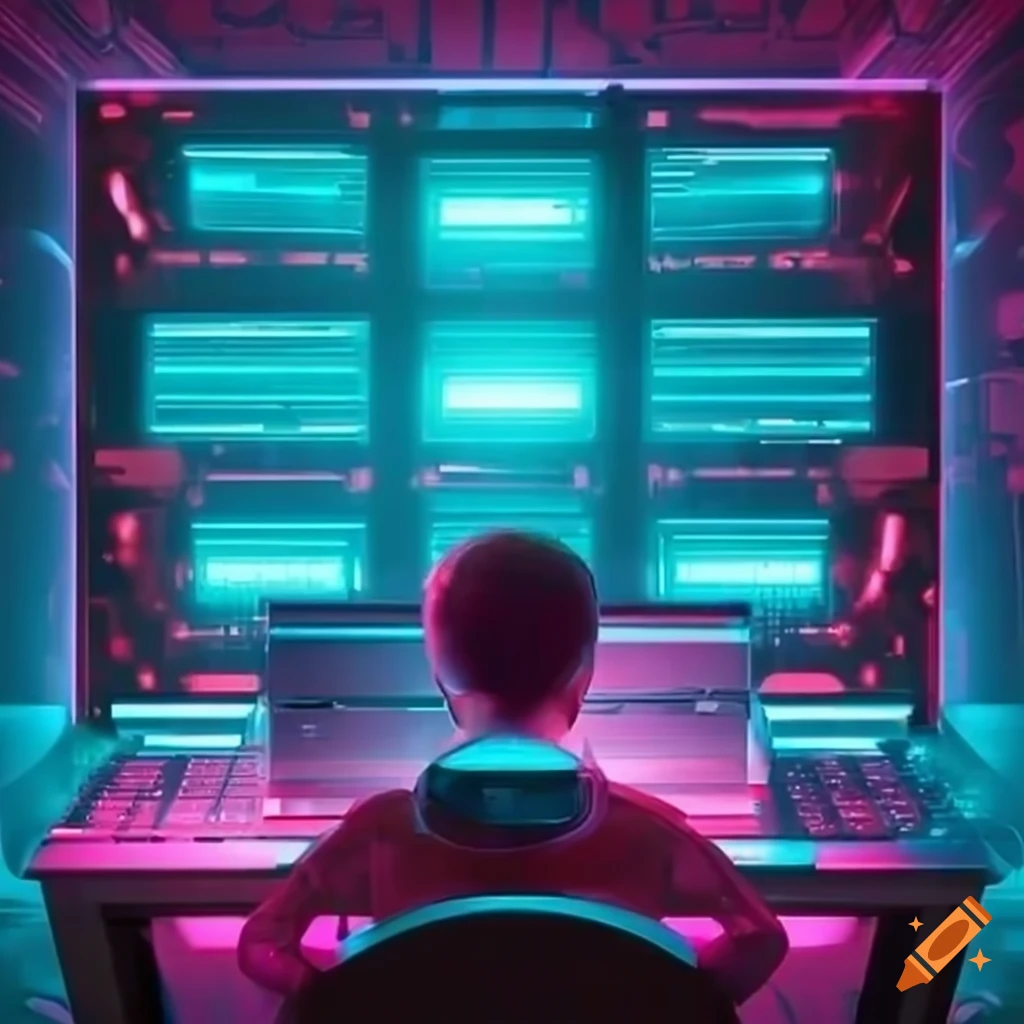 A programmer working at a futuristic desk in a neon room