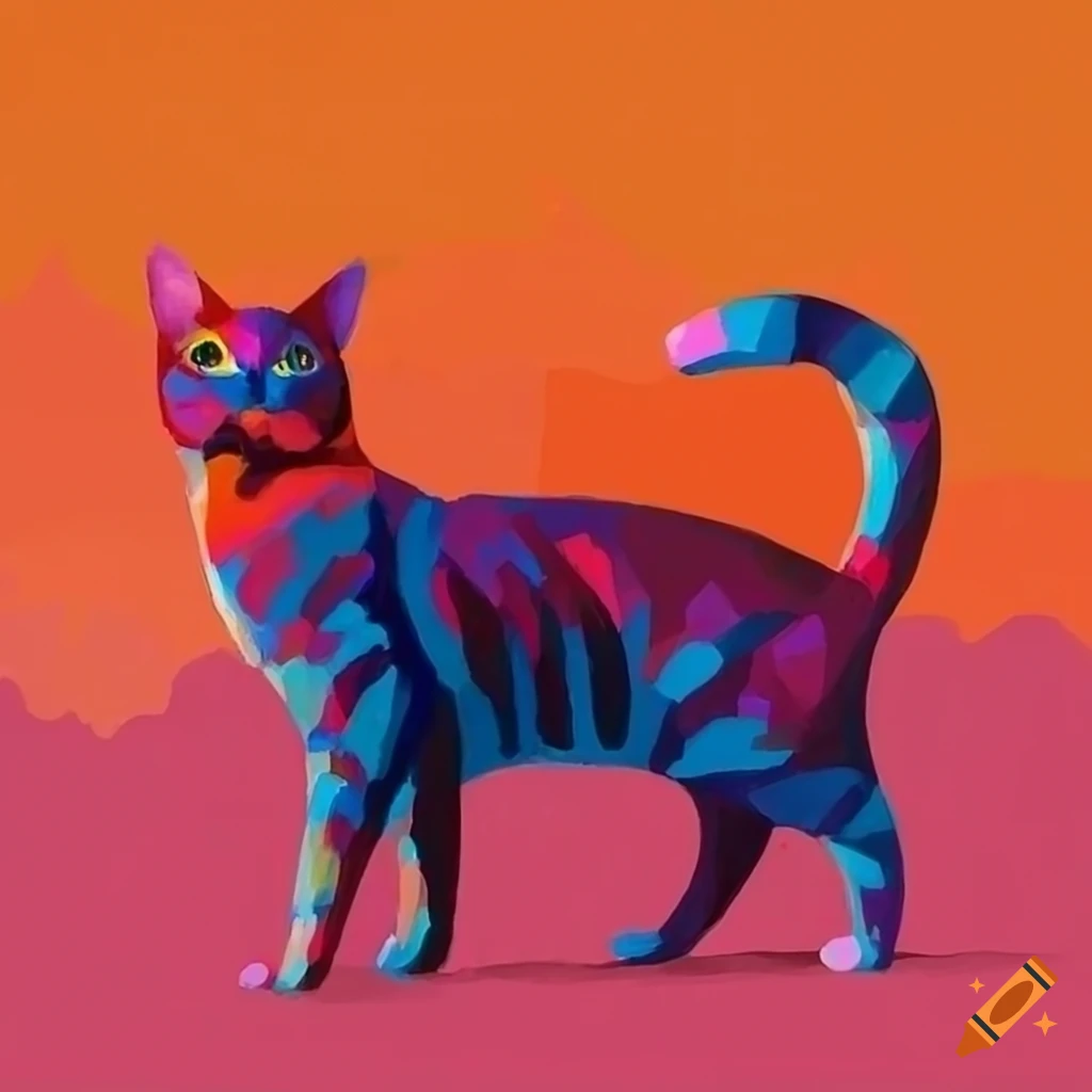 A colorful cat painting with geometric shapes and soft hues