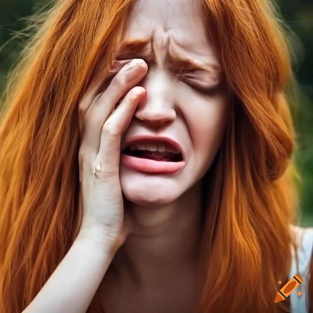 Ginger haired woman crying with tears on Craiyon