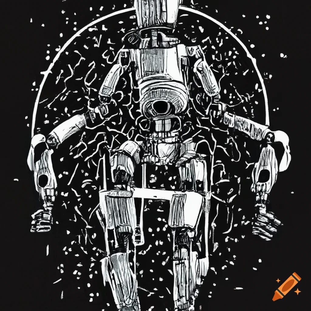 Robot operating on another robot drawn in black ink on Craiyon