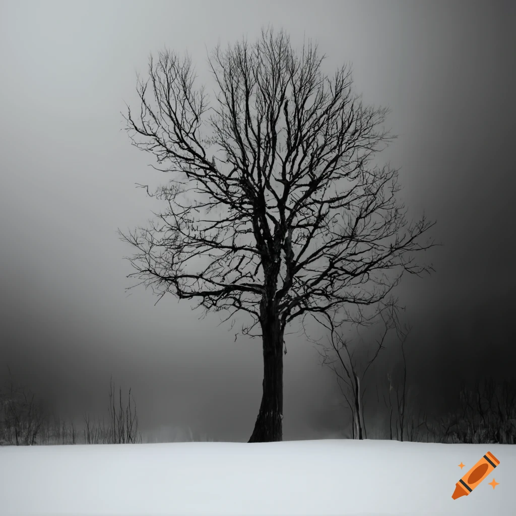 Black tree on white snow field