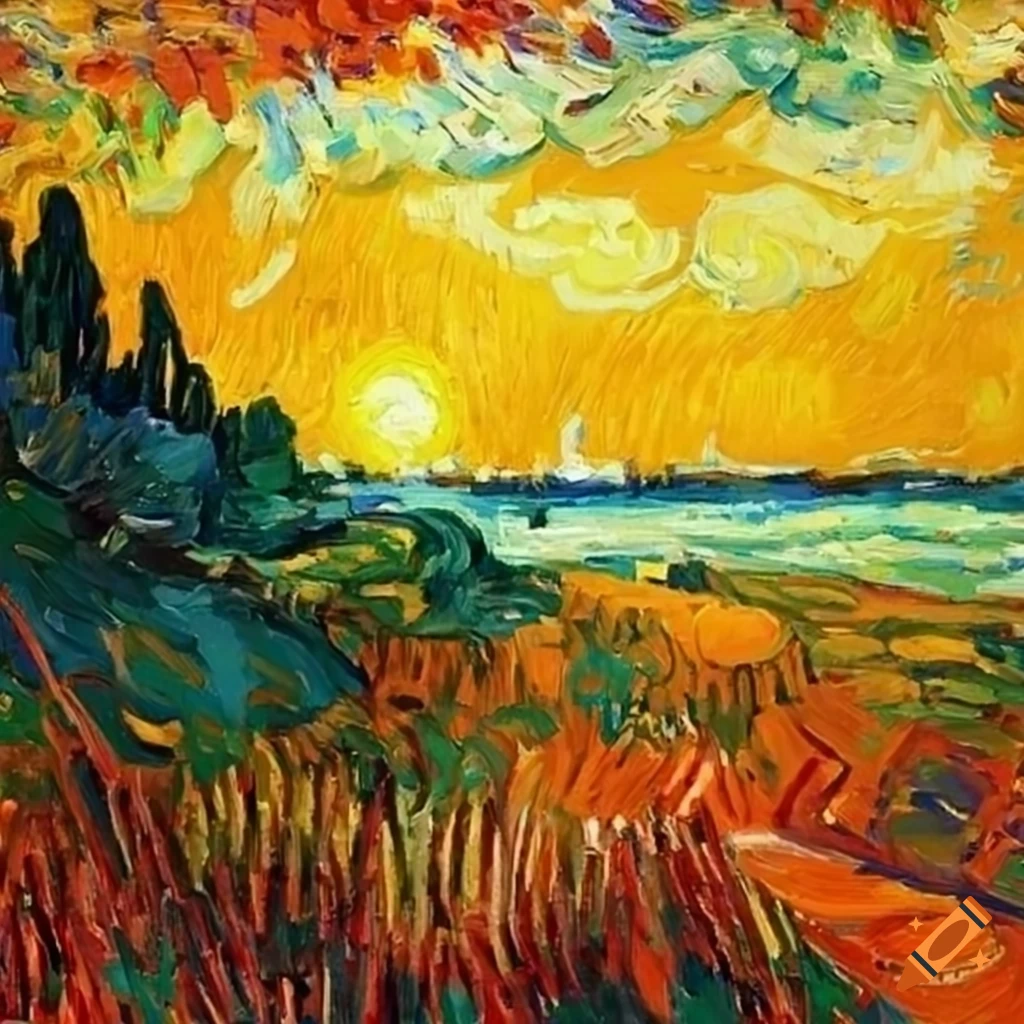 Paint a vibrant landscape with bold features in the style of vincent ...
