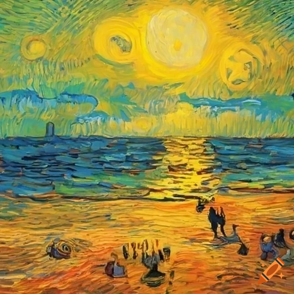 Beach under a very bright sun in the style of vincent van gogh on Craiyon