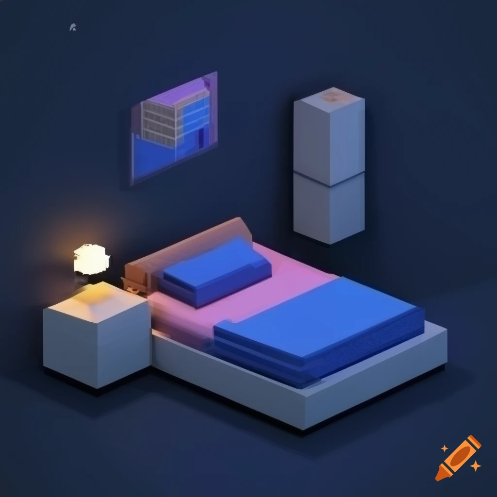 Detailed isometric bedroom, pixel art,night, voxel render on Craiyon
