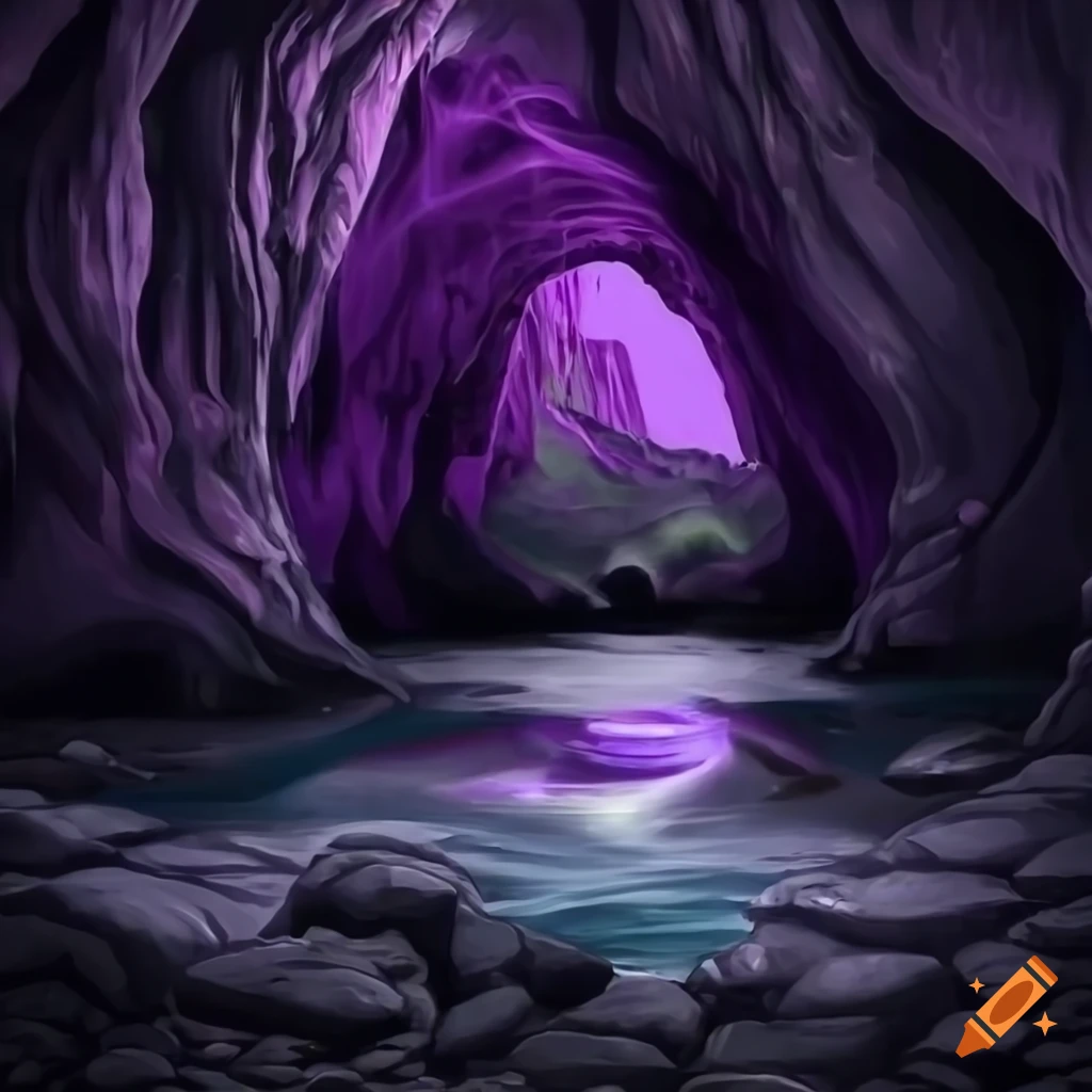 Purple cave landscape with water, plants, and rocks on the ground on ...