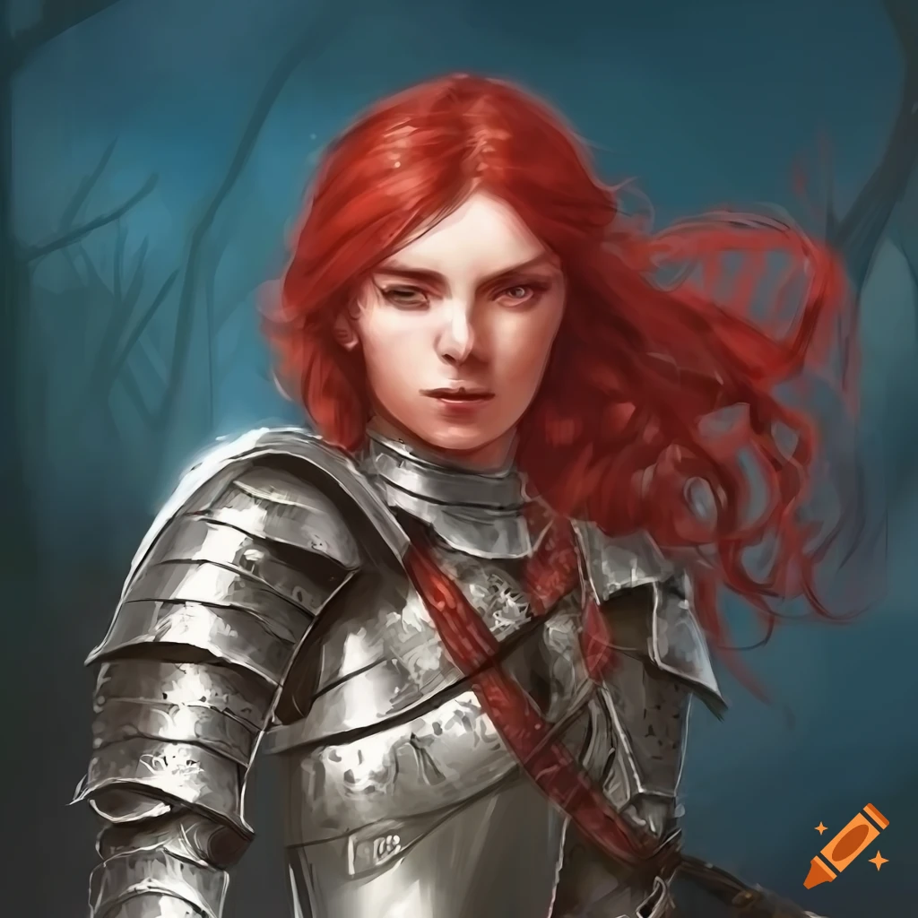 Fantasy knight princess with red hair braid, tied hair, black eyes ...