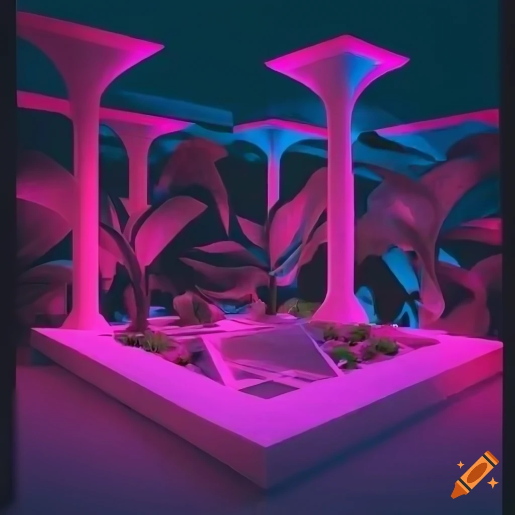 Vaporwave tropical landscaping courtyard in the style of pilar zeta ...