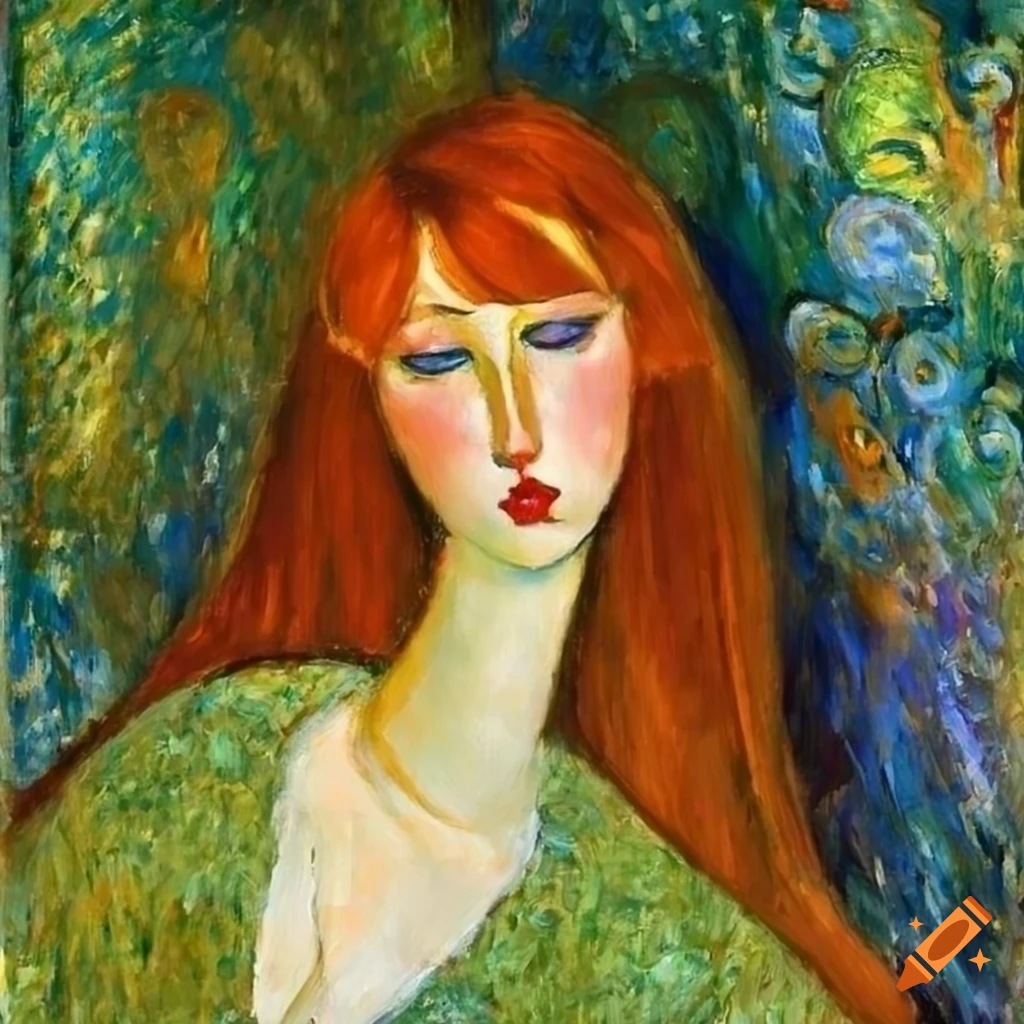 Long red hair girl, dressed in green, gold light, sleeps whit white cat ...
