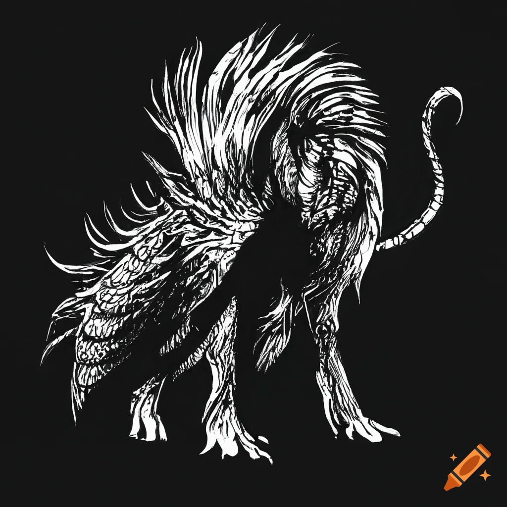 Mythical creature, drawing, ink, sketch, black and white, minimalistic ...