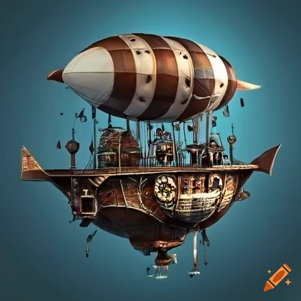 A fantasy airship with a mechanical wolf-face prow