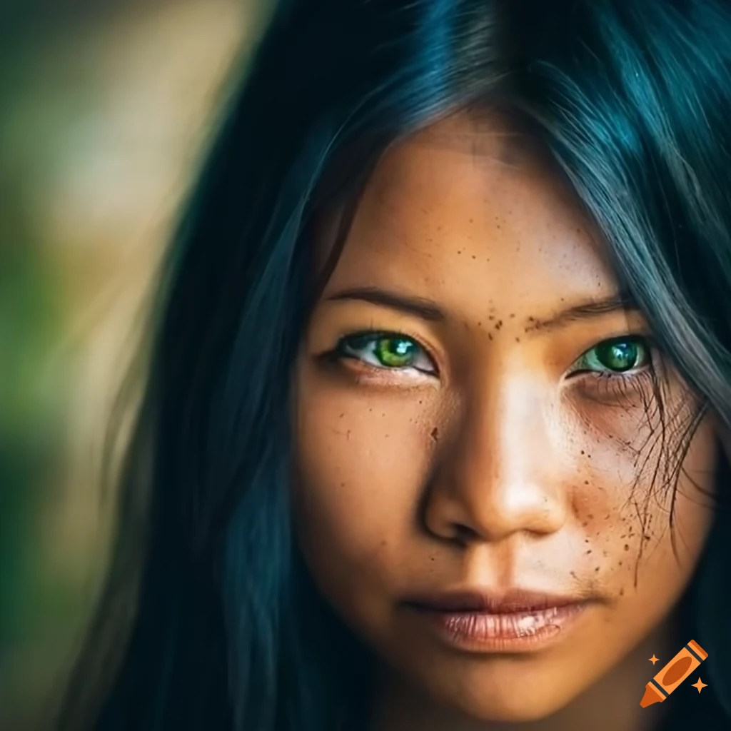 Portrait of a beautiful indigenous woman with green eyes
