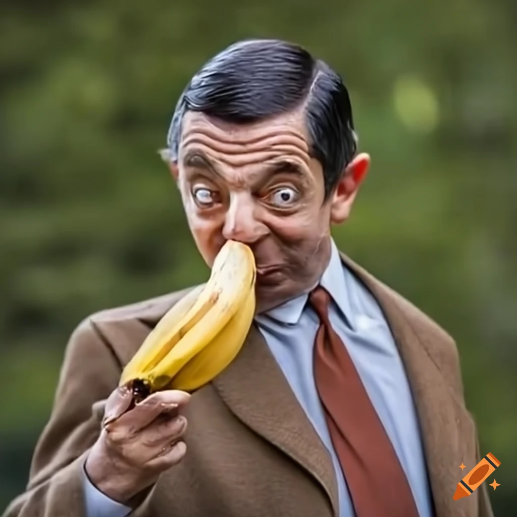 Mr bean eats a banana while performing a head stand