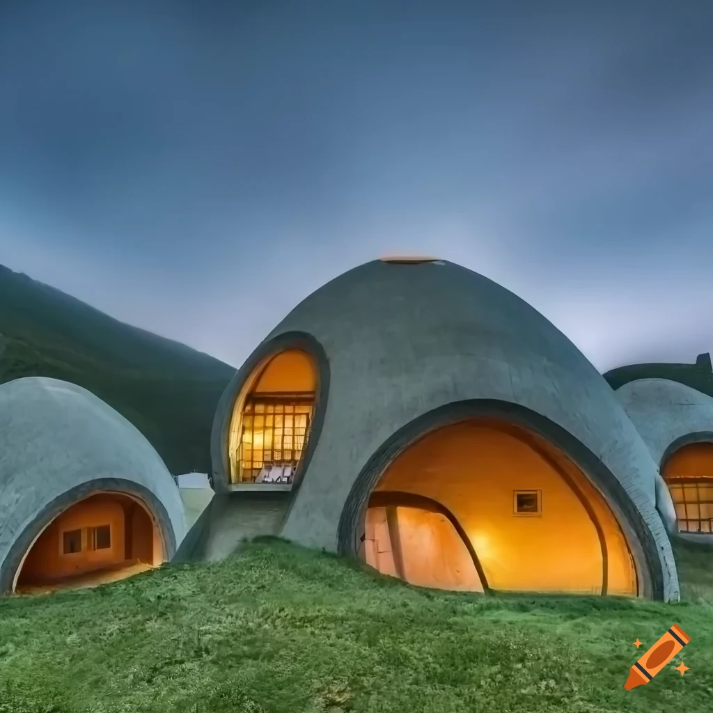 Wide shot of multi-colored concrete egg-shaped houses at night in a ...