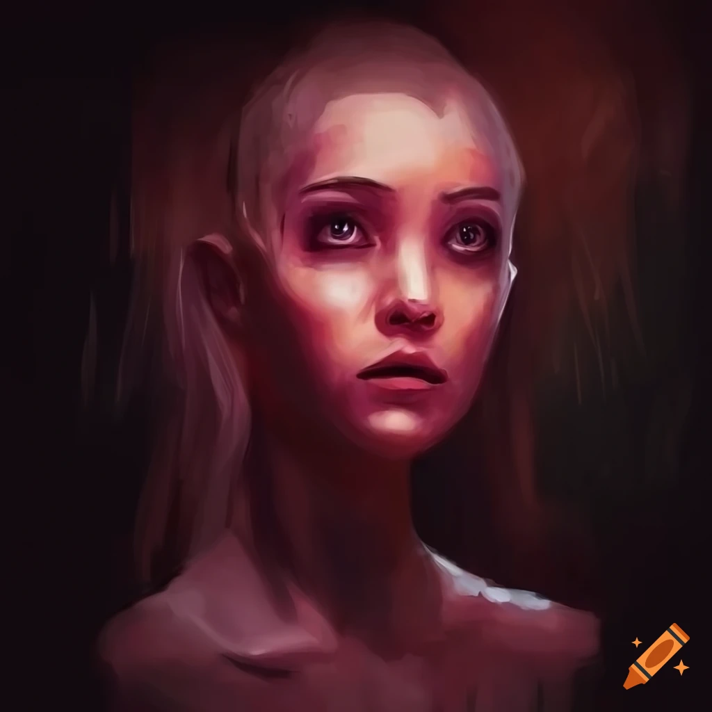 Comic character drawing in an artist studio filled with paintings, glow ...