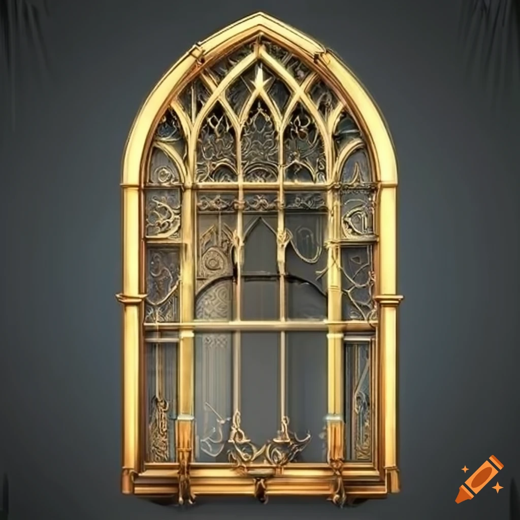 3D golden gothic window with intricate design for video games on Craiyon
