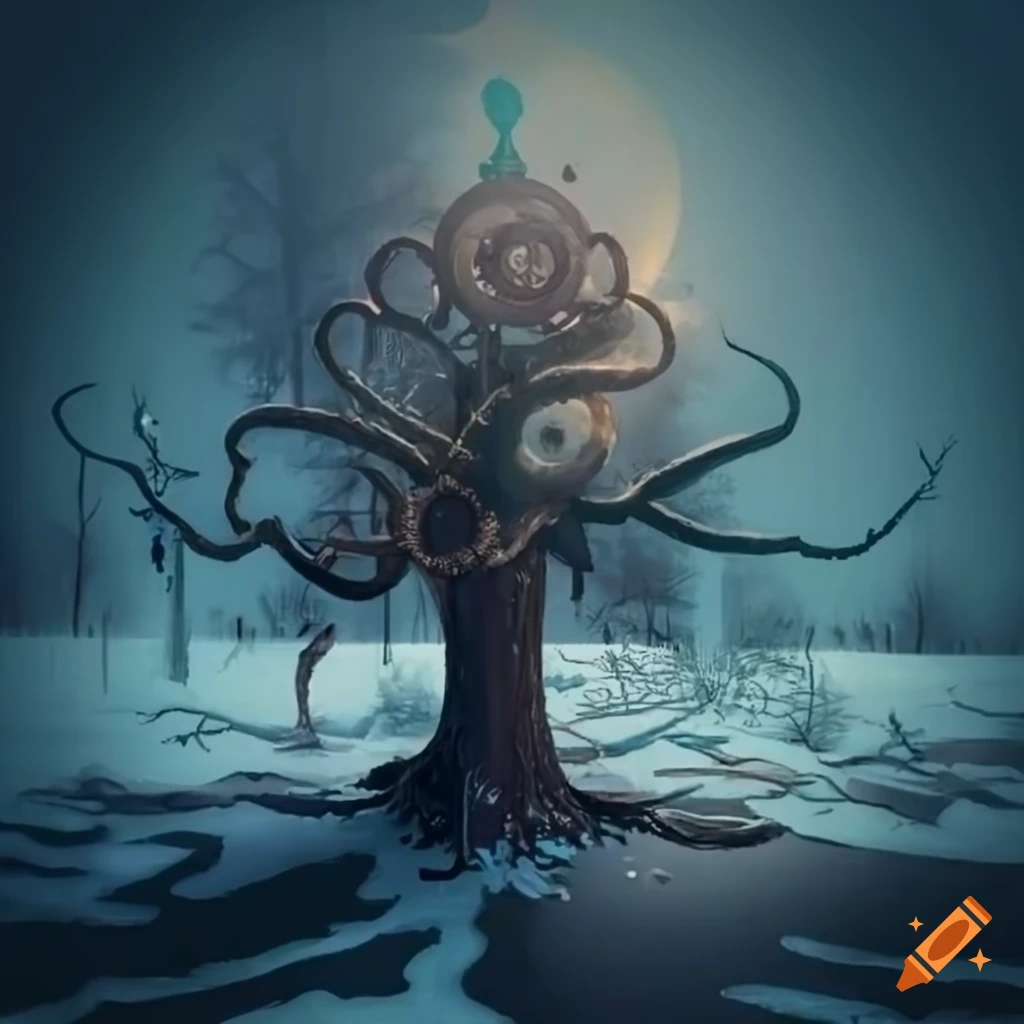 Steampunk tree in winter forest
