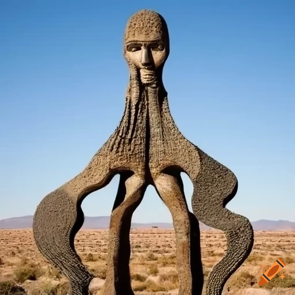 Surreal desert garden of sculptures that are made of stone and metal on ...