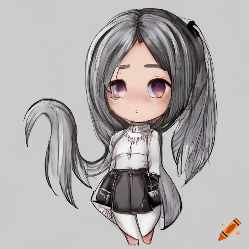 Chibi female who is average height. grey hair in a pony tail with black ...