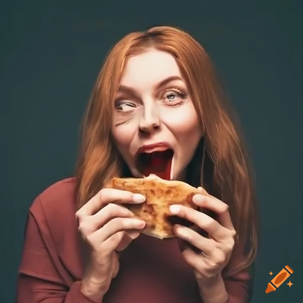 Woman eating toast which has been folded 4 times on Craiyon