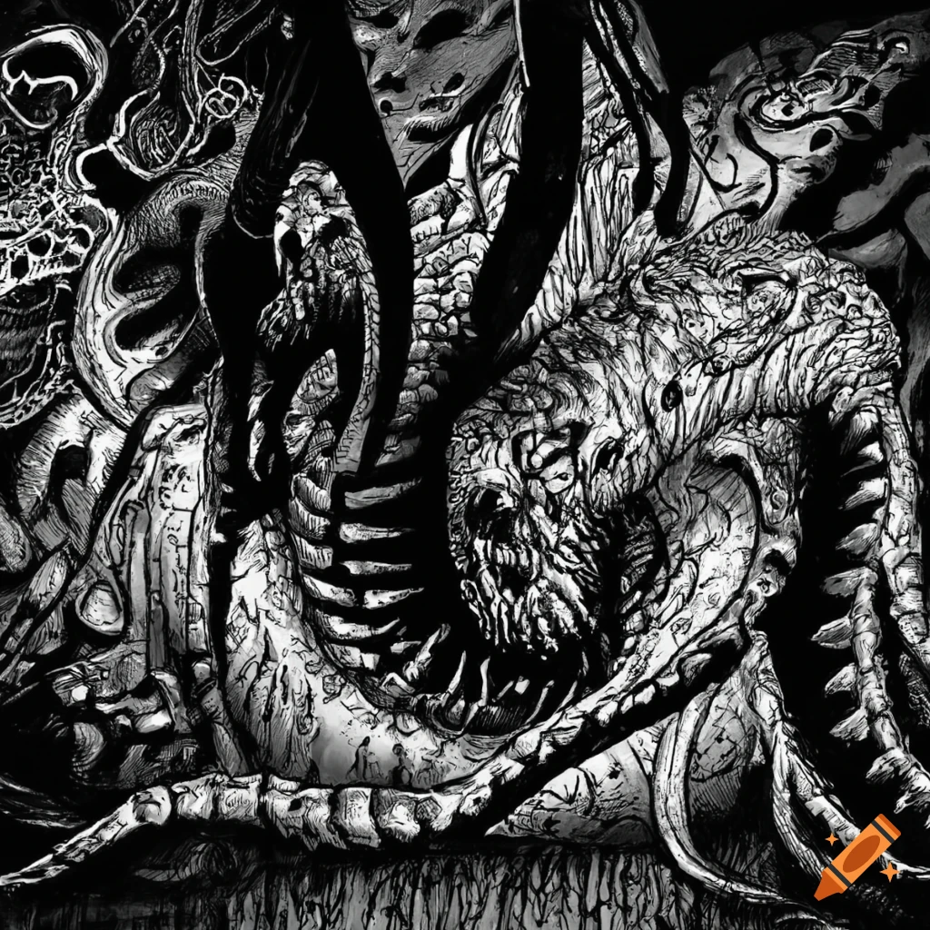 Ancient scribbles resembling a Lovecraftian monster, black and white on ...