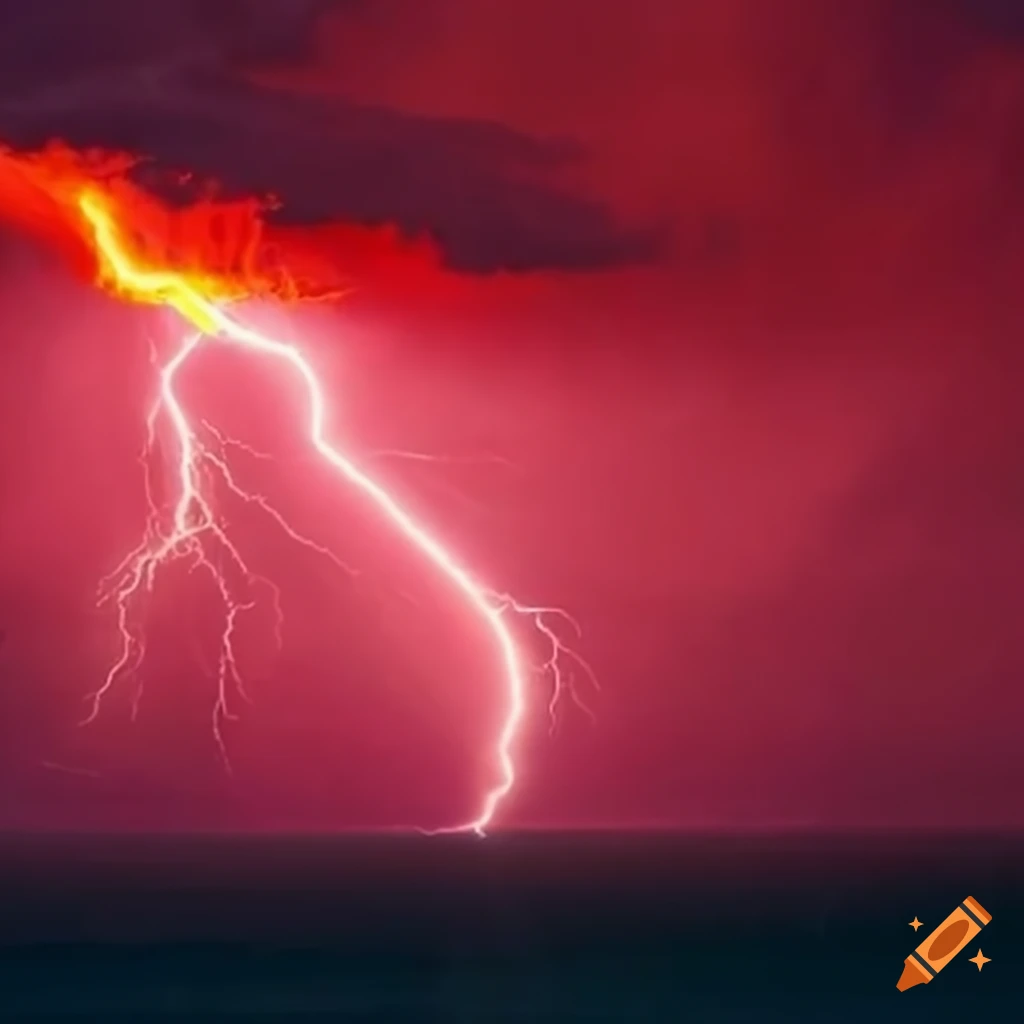 A bolt of lightning erupting from red storm clouds on Craiyon