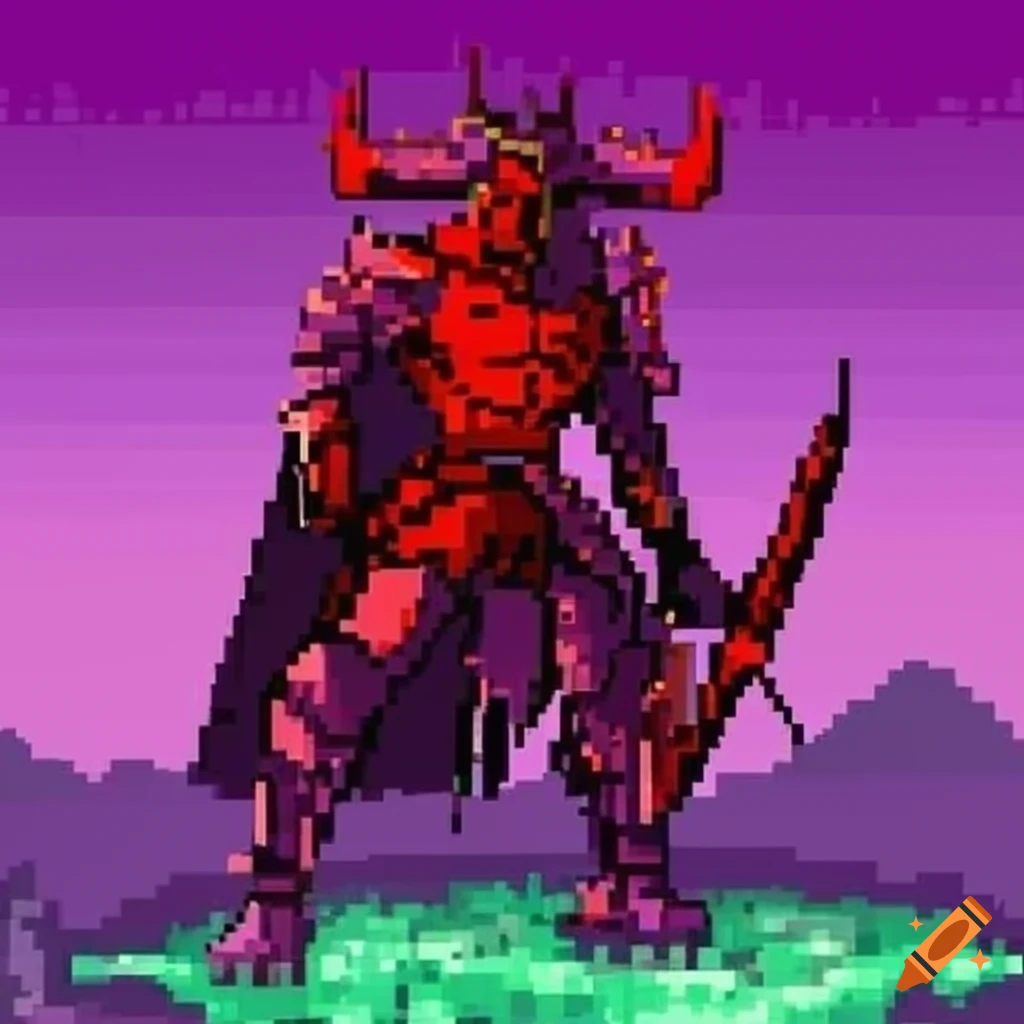 Pixel art medieval fantasy with sword hero versus purple and red big ...